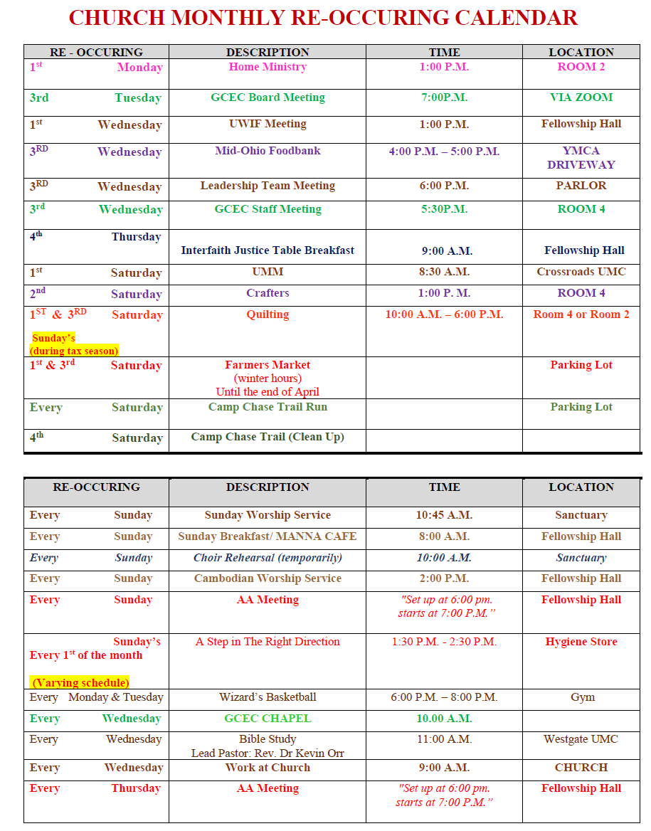 CHURCH REOCCURRING CALENDER – Glenwood UMC
